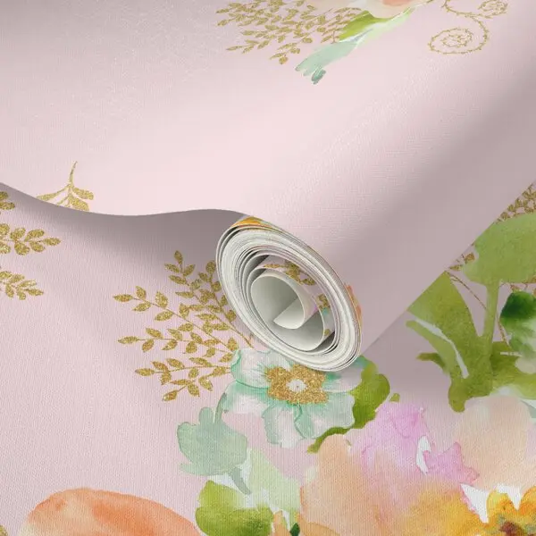 Spoonflower Gold Pink Mint Florals Floral Flowers Boho Baby Custom Removable Wallpaper - Pink,green,brown