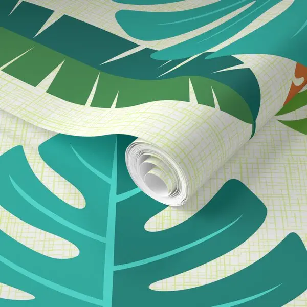 Spoonflower Leaves Colorful Tropical Hawaiian Tiki Large Light Custom Pre-pasted Wallpaper - Beige,green,sage