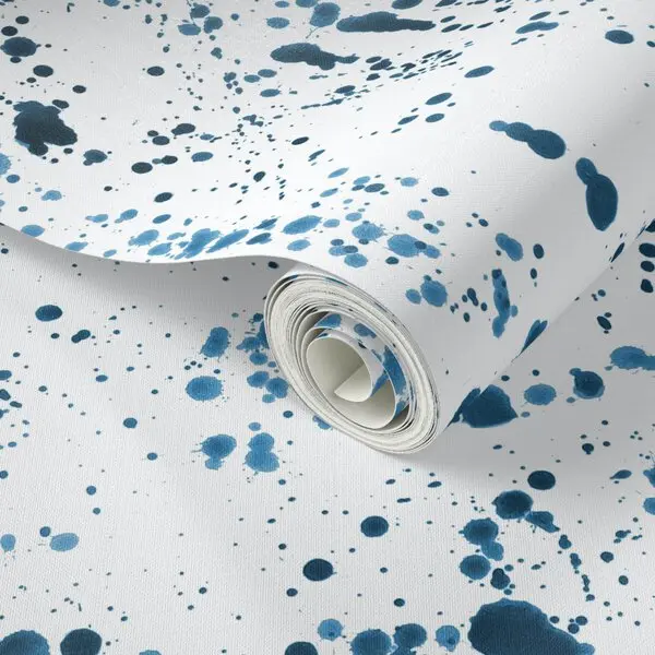 Spoonflower Paint Ink Spot Pen Splatter Splotches Custom Pre-pasted Wallpaper - Blue