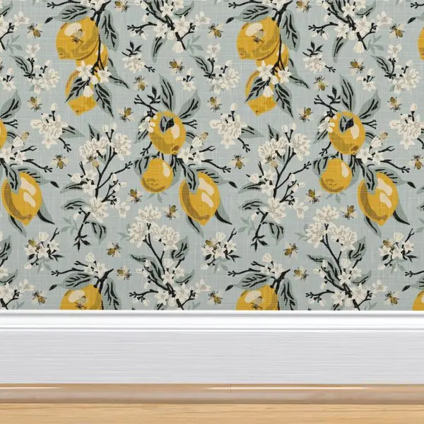 Spoonflower Bees And Lemons Medium Texture Black Stems 100% Natural Sisal Grasscloth Wallcovering