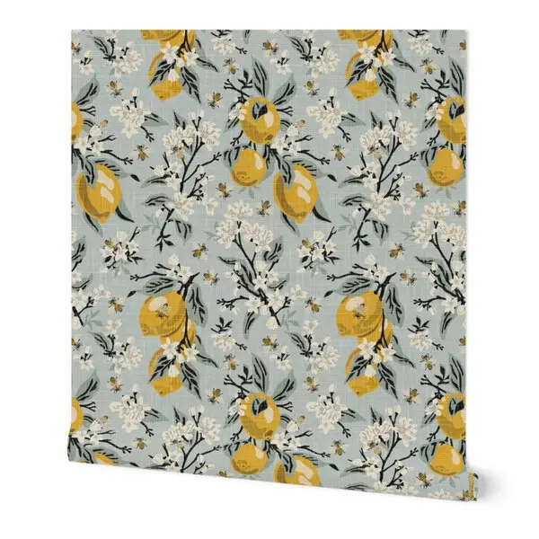 Spoonflower Bees And Lemons Medium Texture Black Stems 100% Natural Sisal Grasscloth Wallcovering