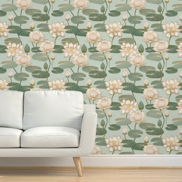 Spoonflower Lotus Blossoms 100% Natural Sisal Grasscloth Wallcovering