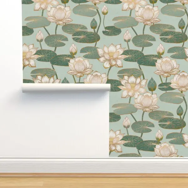 Spoonflower Lotus Blossoms 100% Natural Sisal Grasscloth Wallcovering