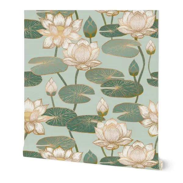 Spoonflower Lotus Blossoms 100% Natural Sisal Grasscloth Wallcovering