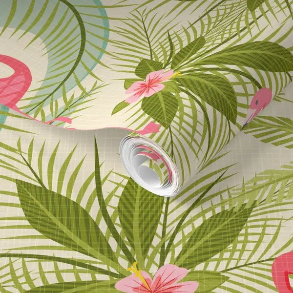 Spoonflower Flamingo Tropical Flamingos Palm Trees Retro Custom Removable Wallpaper - Green,pink,yellow