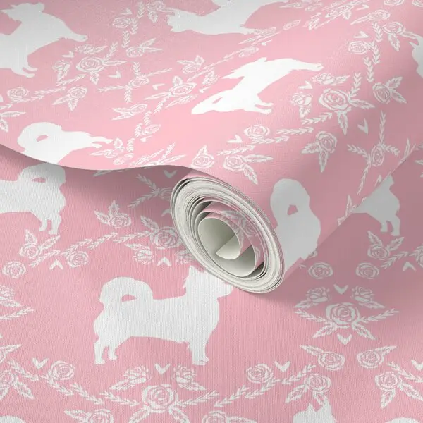 Spoonflower Dog Floral Dogs Florals Chihuahua Chihuahuas Custom Pre-pasted Wallpaper - Pink,white,gray