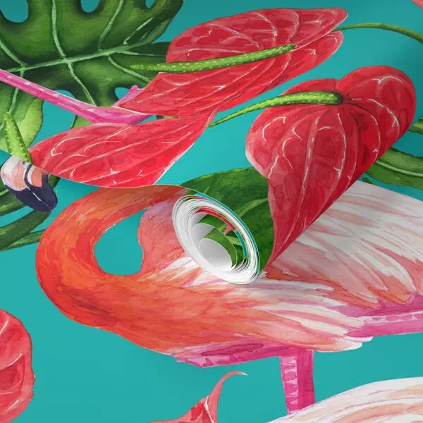 Spoonflower Bird Pink Leaves Floral Palm Jungle Flamingo Custom Removable Wallpaper - Green,red,pink