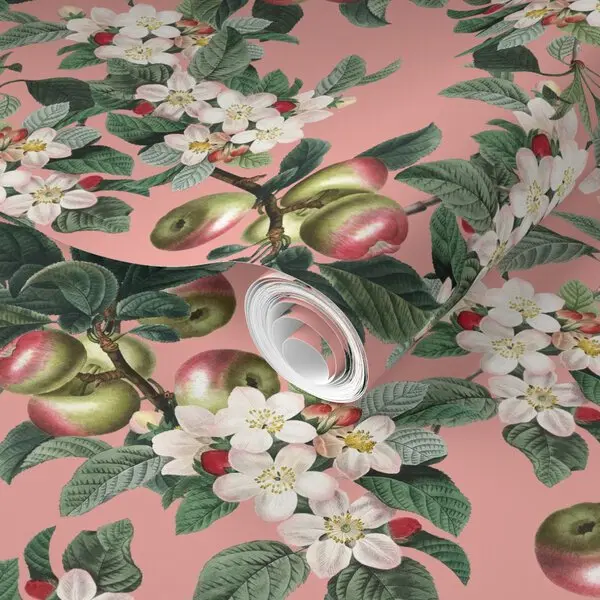 Spoonflower Pink Traditional Apple Barkcloth Blossom Living Custom Pre-pasted Wallpaper - Brown,green,gray