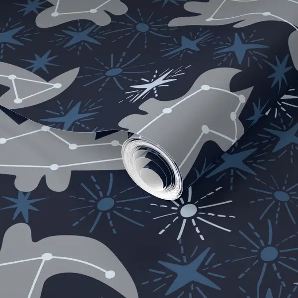Spoonflower Stars Constellations Gender Neutral Dinosaurs Custom Pre-pasted Wallpaper - Blue,gray