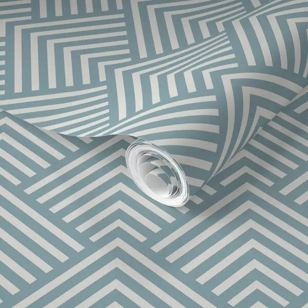 Spoonflower Blue Geometric Stripes Mod Beige Dusty Chevron Traditional Wallpaper - Blue,beige,teal