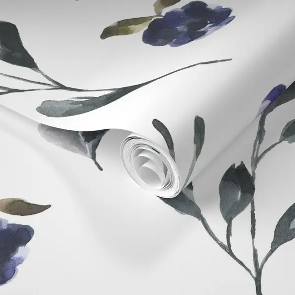 Spoonflower Flowers Floral Purple Burgundy Watercolor Wine Traditional Wallpaper - Blue,gray