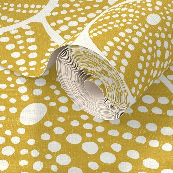 Spoonflower Bed Of Urchins Nautical Sea White Mustard Yellow 100% Natural Sisal Grasscloth Wallcovering - Yellow,white