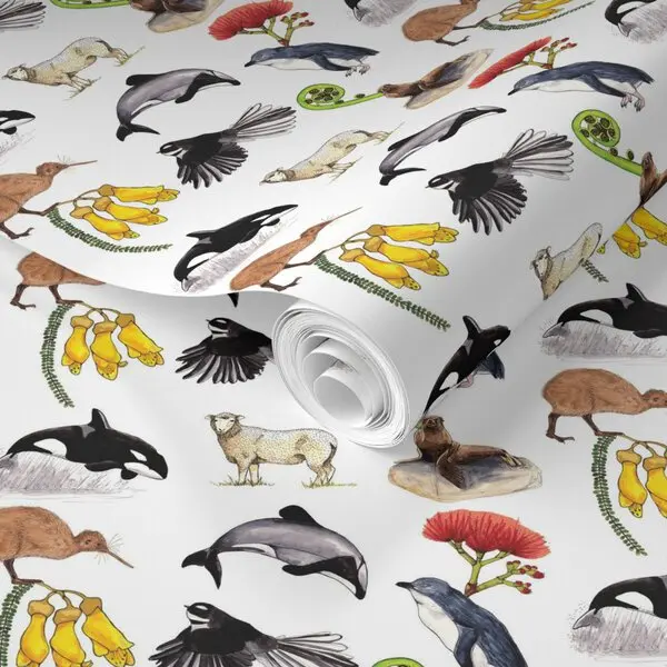 Spoonflower Flowers Dolphin Animals Sheep White Background Custom Removable Wallpaper - Gray,black,red