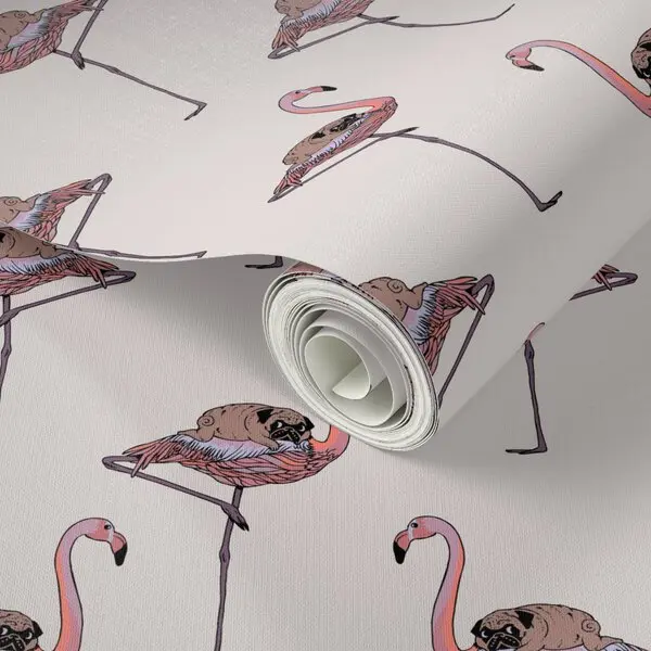 Spoonflower Flamingo Pug Custom Removable Wallpaper - Beige,pink,gray