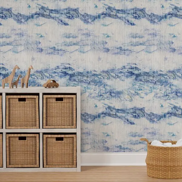 Spoonflower White Clouds Modern Abstract Wallpaper Navy Custom Pre-pasted Wallpaper