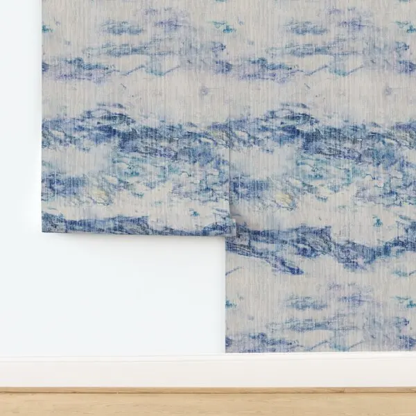 Spoonflower White Clouds Modern Abstract Wallpaper Navy Custom Pre-pasted Wallpaper