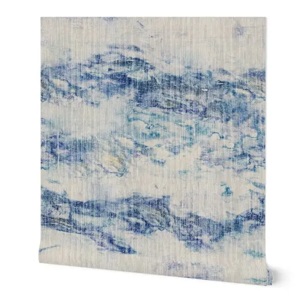 Spoonflower White Clouds Modern Abstract Wallpaper Navy Custom Pre-pasted Wallpaper