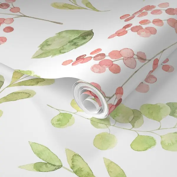 Spoonflower Pink Green Leaves Floral Nature Botanical Traditional Wallpaper - Green,beige,pink