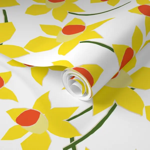 Spoonflower Flower White Yellow Floral Spring Papercut Custom Pre-pasted Wallpaper - Yellow,white,green