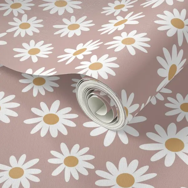 Spoonflower Vintage Flowers Floral Trendy Spring Daisies Daisy Custom Removable Wallpaper - Pink,gold,beige