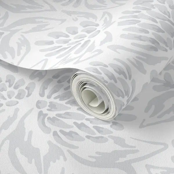 Spoonflower Flower White Leaves Floral Nature Grey Clover Custom Pre-pasted Wallpaper - White,gray