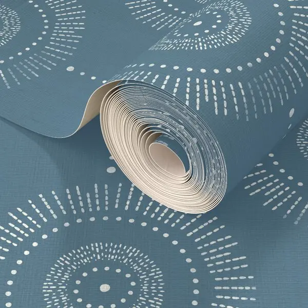 Spoonflower Circles Geometric Abstract Medallion Moroccan Custom Pre-pasted Wallpaper - Blue