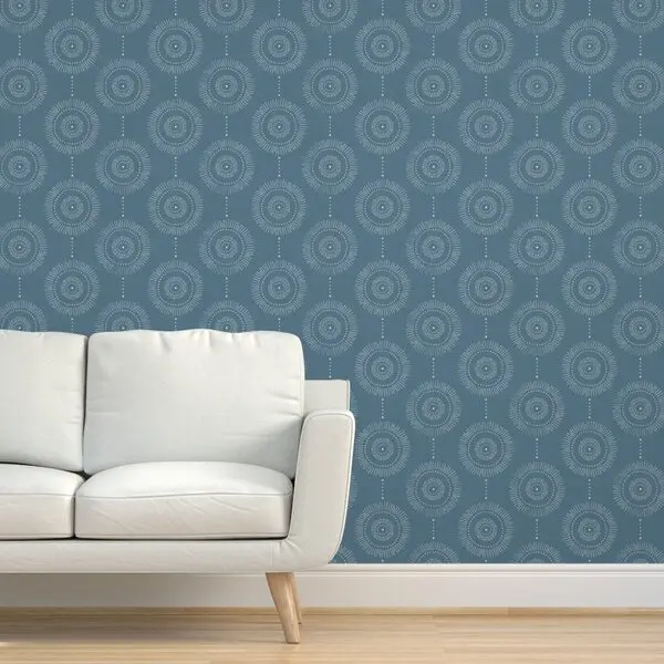 Spoonflower Circles Geometric Abstract Medallion Moroccan Custom Pre-pasted Wallpaper - Blue