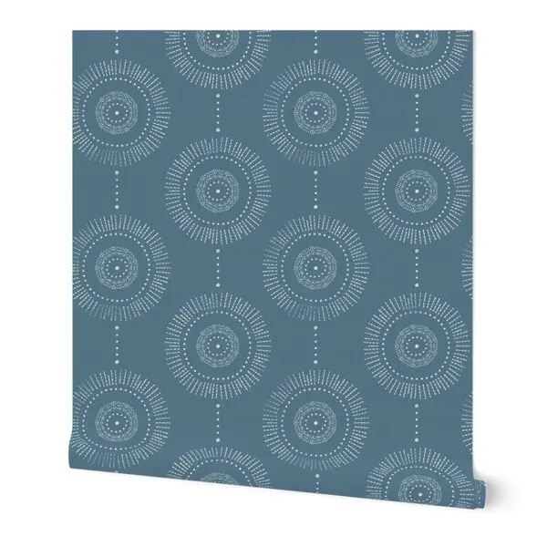 Spoonflower Circles Geometric Abstract Medallion Moroccan Custom Pre-pasted Wallpaper - Blue