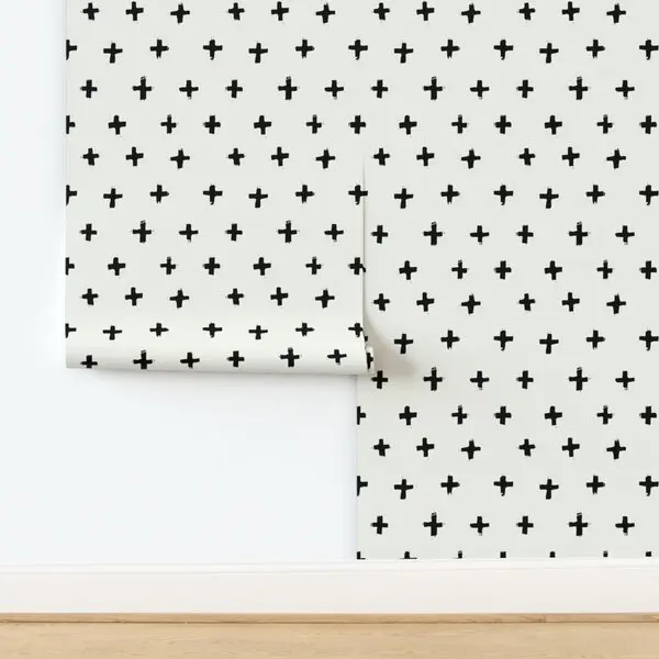 Spoonflower Plus Black White Geometric Geo Custom Pre-pasted Wallpaper