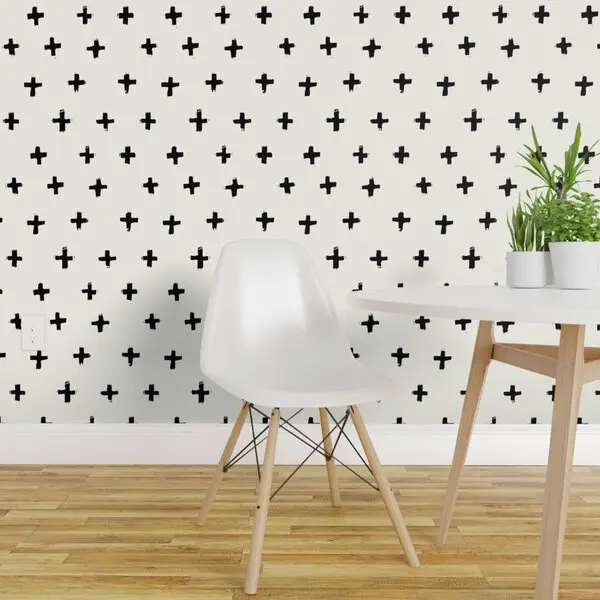 Spoonflower Plus Black White Geometric Geo Custom Pre-pasted Wallpaper