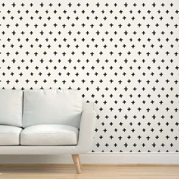 Spoonflower Plus Black White Geometric Geo Custom Pre-pasted Wallpaper