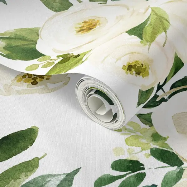 Spoonflower White Nature Gold Rose Garden Ivory Custom Pre-pasted Wallpaper - Green,sage