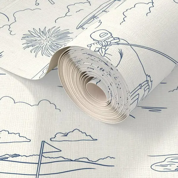 Spoonflower Black And White Blue Toile Golf Golfing Golfer 100% Natural Sisal Grasscloth Wallcovering - Gray,blue