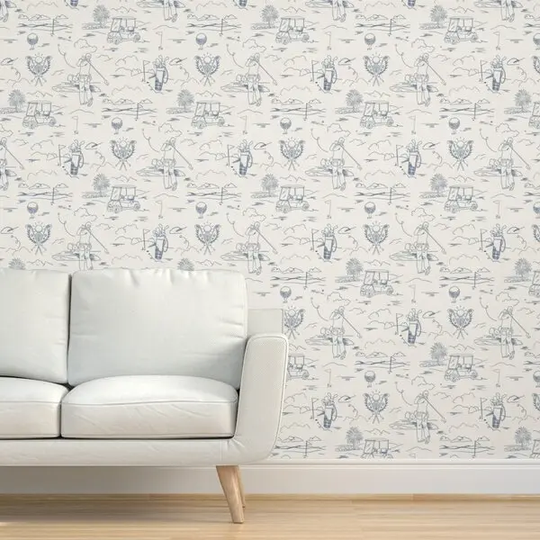 Spoonflower Black And White Blue Toile Golf Golfing Golfer 100% Natural Sisal Grasscloth Wallcovering - Gray,blue