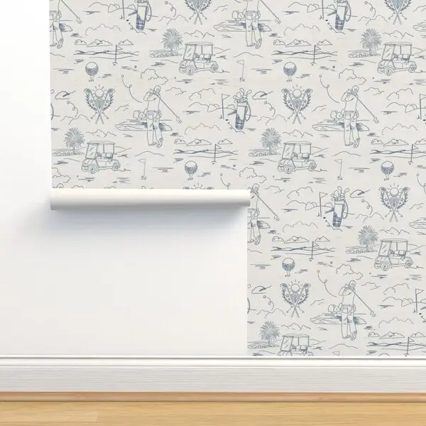 Spoonflower Black And White Blue Toile Golf Golfing Golfer 100% Natural Sisal Grasscloth Wallcovering - Gray,blue