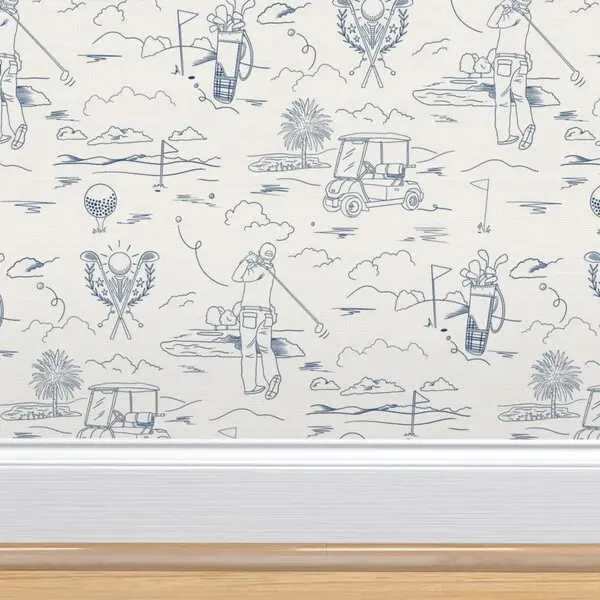 Spoonflower Black And White Blue Toile Golf Golfing Golfer 100% Natural Sisal Grasscloth Wallcovering - Gray,blue