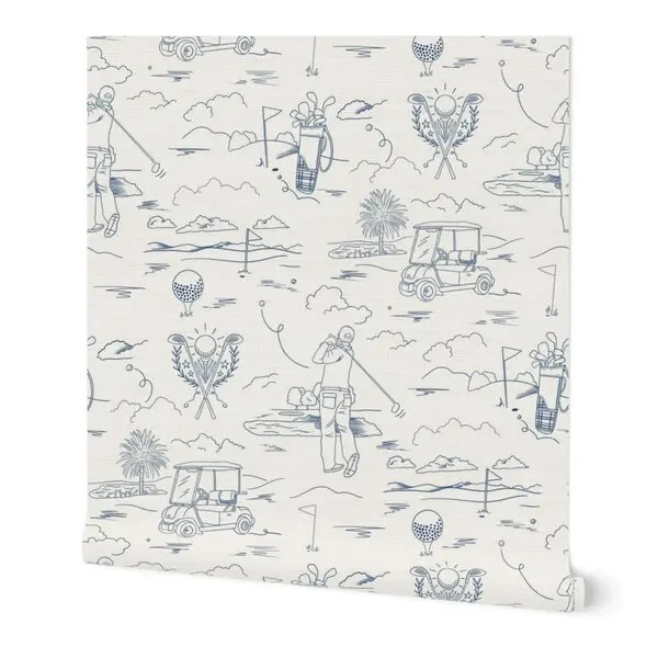 Spoonflower Black And White Blue Toile Golf Golfing Golfer 100% Natural Sisal Grasscloth Wallcovering - Gray,blue