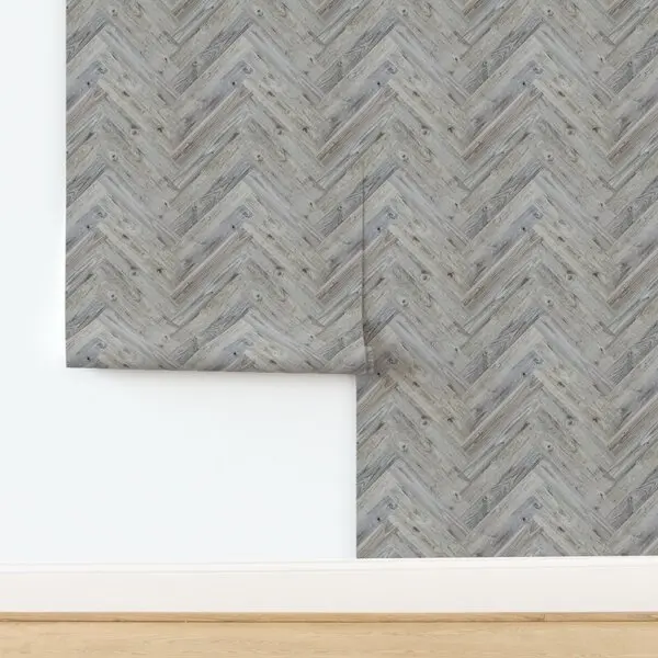 Spoonflower Grey Geometric Taupe Wood Herringbone Chevron Custom Pre-pasted Wallpaper