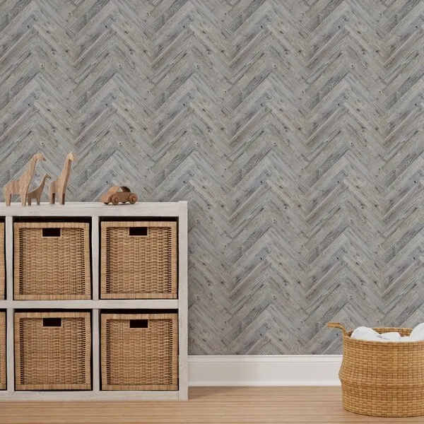 Spoonflower Grey Geometric Taupe Wood Herringbone Chevron Custom Pre-pasted Wallpaper