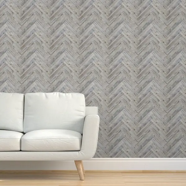 Spoonflower Grey Geometric Taupe Wood Herringbone Chevron Custom Pre-pasted Wallpaper