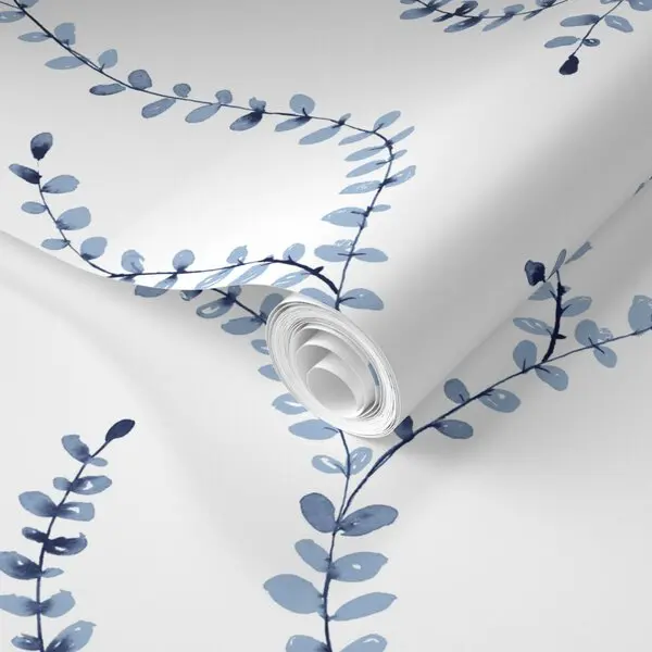 Spoonflower Blue Leaves Navy Vine Beach Indigo Seaweed Custom Pre-pasted Wallpaper