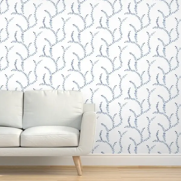 Spoonflower Blue Leaves Navy Vine Beach Indigo Seaweed Custom Pre-pasted Wallpaper