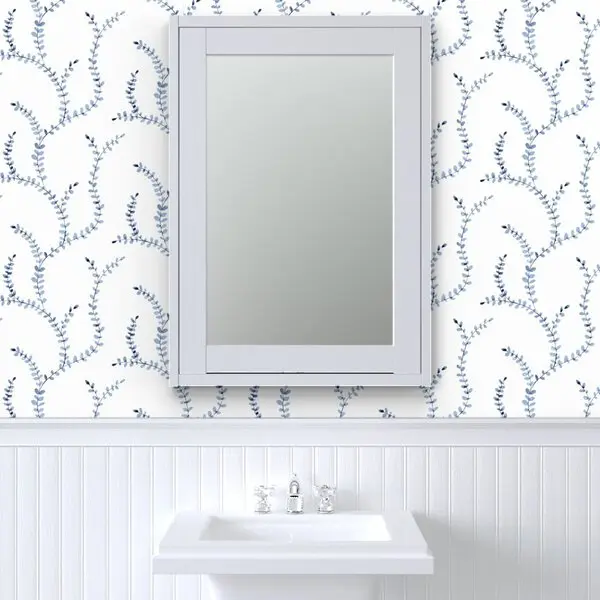 Spoonflower Blue Leaves Navy Vine Beach Indigo Seaweed Custom Pre-pasted Wallpaper
