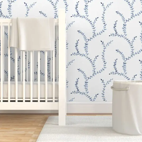 Spoonflower Blue Leaves Navy Vine Beach Indigo Seaweed Custom Pre-pasted Wallpaper
