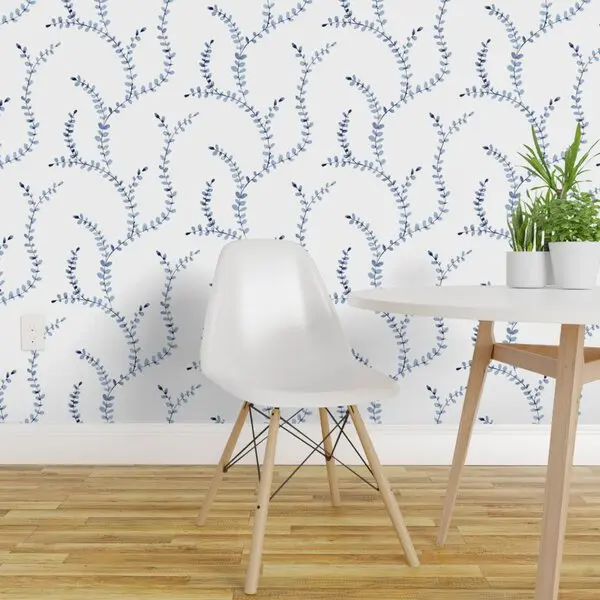 Spoonflower Blue Leaves Navy Vine Beach Indigo Seaweed Custom Pre-pasted Wallpaper