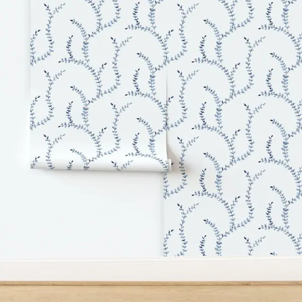 Spoonflower Blue Leaves Navy Vine Beach Indigo Seaweed Custom Pre-pasted Wallpaper