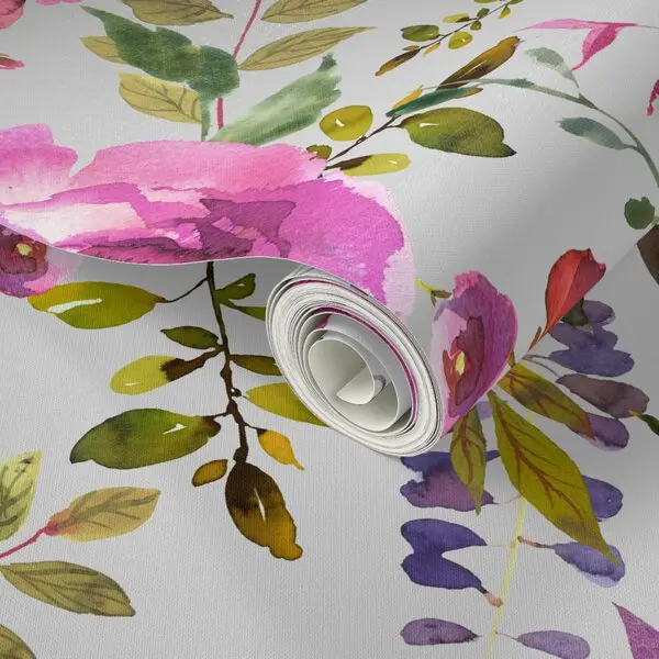 Spoonflower Dark Pink Purple Florals Light Gray Floral Traditional Wallpaper - Pink,gray,green
