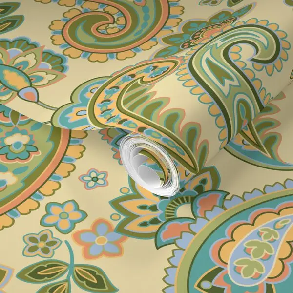 Spoonflower Paisley Yellow Floral Jacobean Custom Removable Wallpaper - Beige,green,blue
