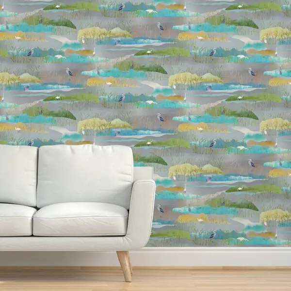 Spoonflower Marsh Scene Aqua 300 Med 100% Natural Sisal Grasscloth Wallcovering