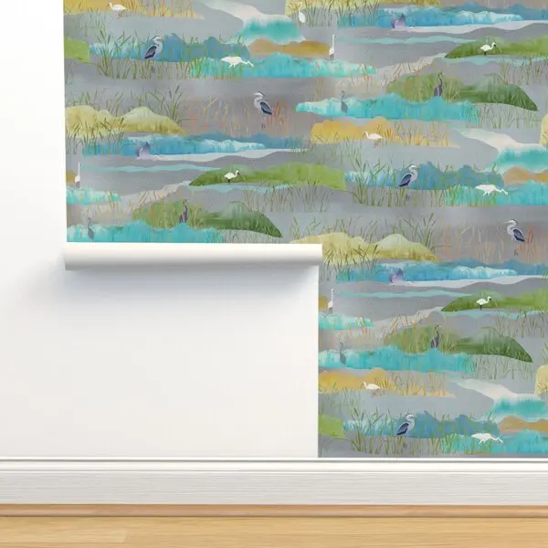 Spoonflower Marsh Scene Aqua 300 Med 100% Natural Sisal Grasscloth Wallcovering
